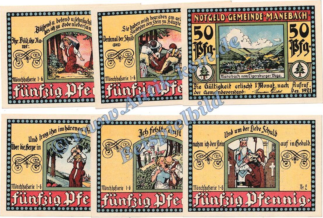 Notgeld De 6 x 50 Pf. Manebach, Notgeld Set 6 x 50 Pfennig in kfr. M-G ...