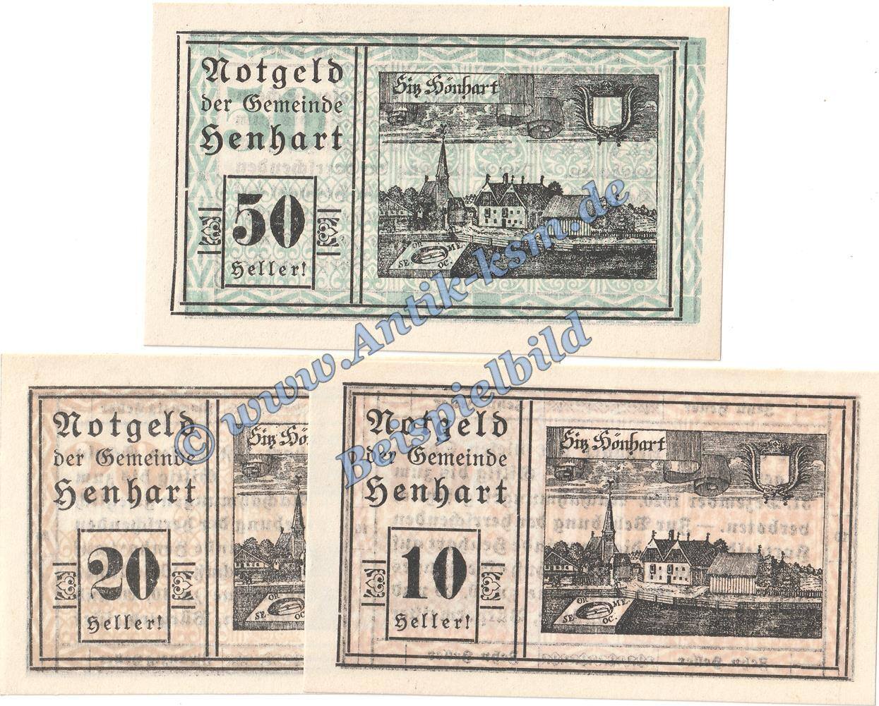 Notgeld AT 3 Scheine kpl. Henhart, Notgeld Set mit 3 Scheinen in kfr. K ...