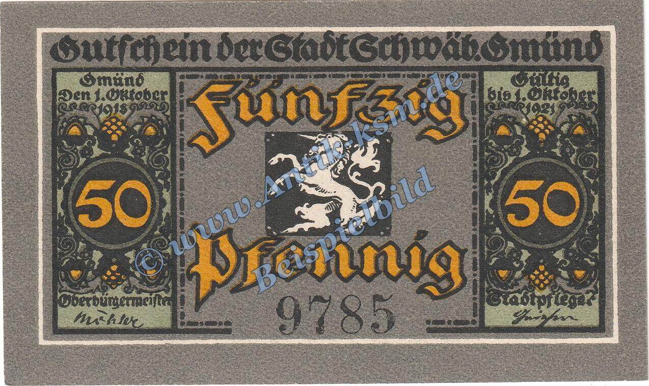 Notgeld De 50 Pf. Schwäbisch Gmünd, Notgeld 50 Pfennig Schein in kfr ...