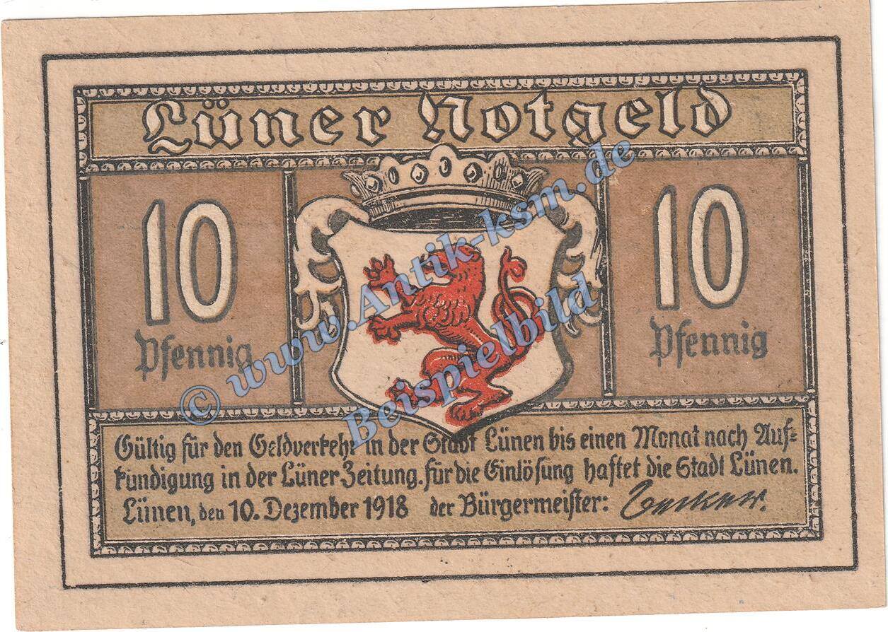 Notgeld De 10 Pf. Lünen, Notgeld 10 Pfennig Schein in kfr. Tieste 4290. ...
