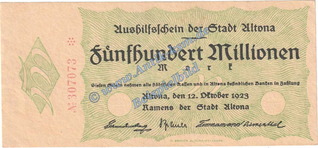 Großnotgeld 500 Mio. Mk. Altona, Banknote 500 Millionen Mark Schein in ...