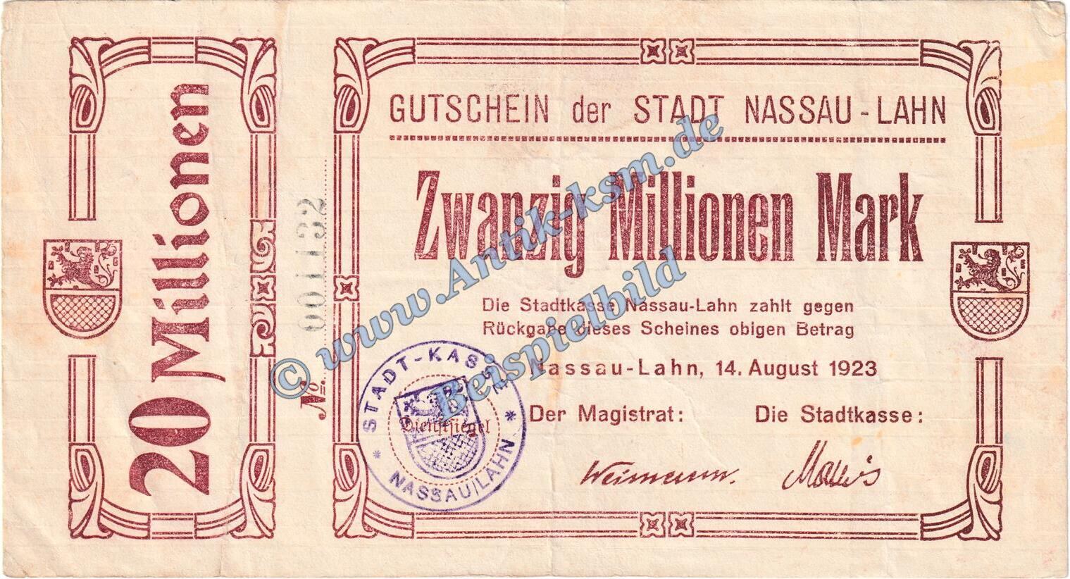 Großnotgeld Inflation De 20 Mio. Mk. Nassau-Lahn, Banknote 20 Millionen ...