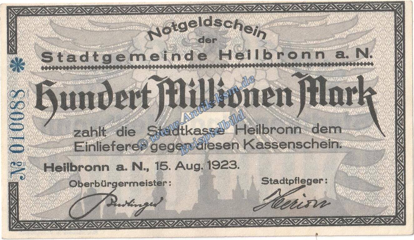 Großnotgeld Inflation De 100 Mio. Mk. Heilbronn, Banknote 100 Millionen ...