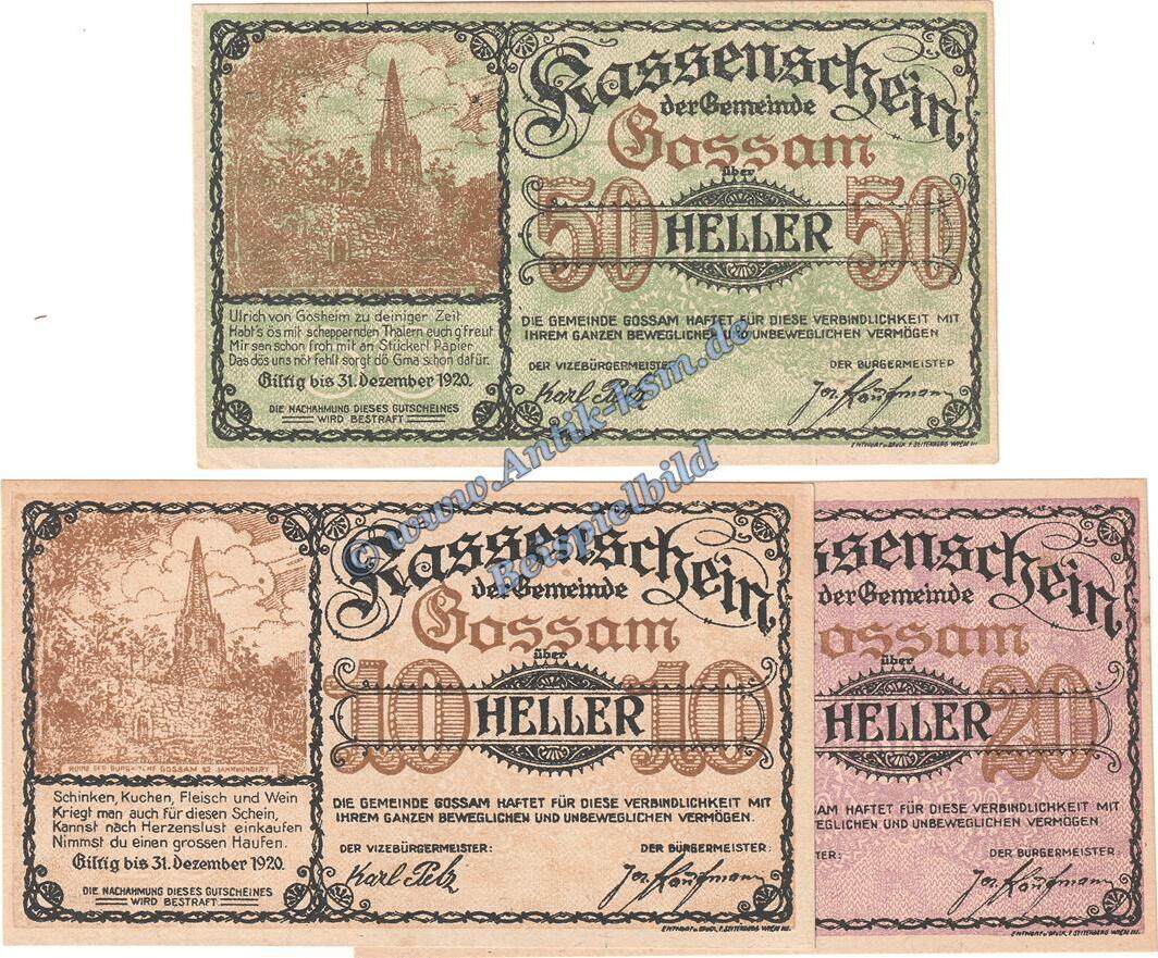 Notgeld AT 3 Scheine kpl. Gossam, Notgeld Set mit 3 Scheinen in kfr. K ...