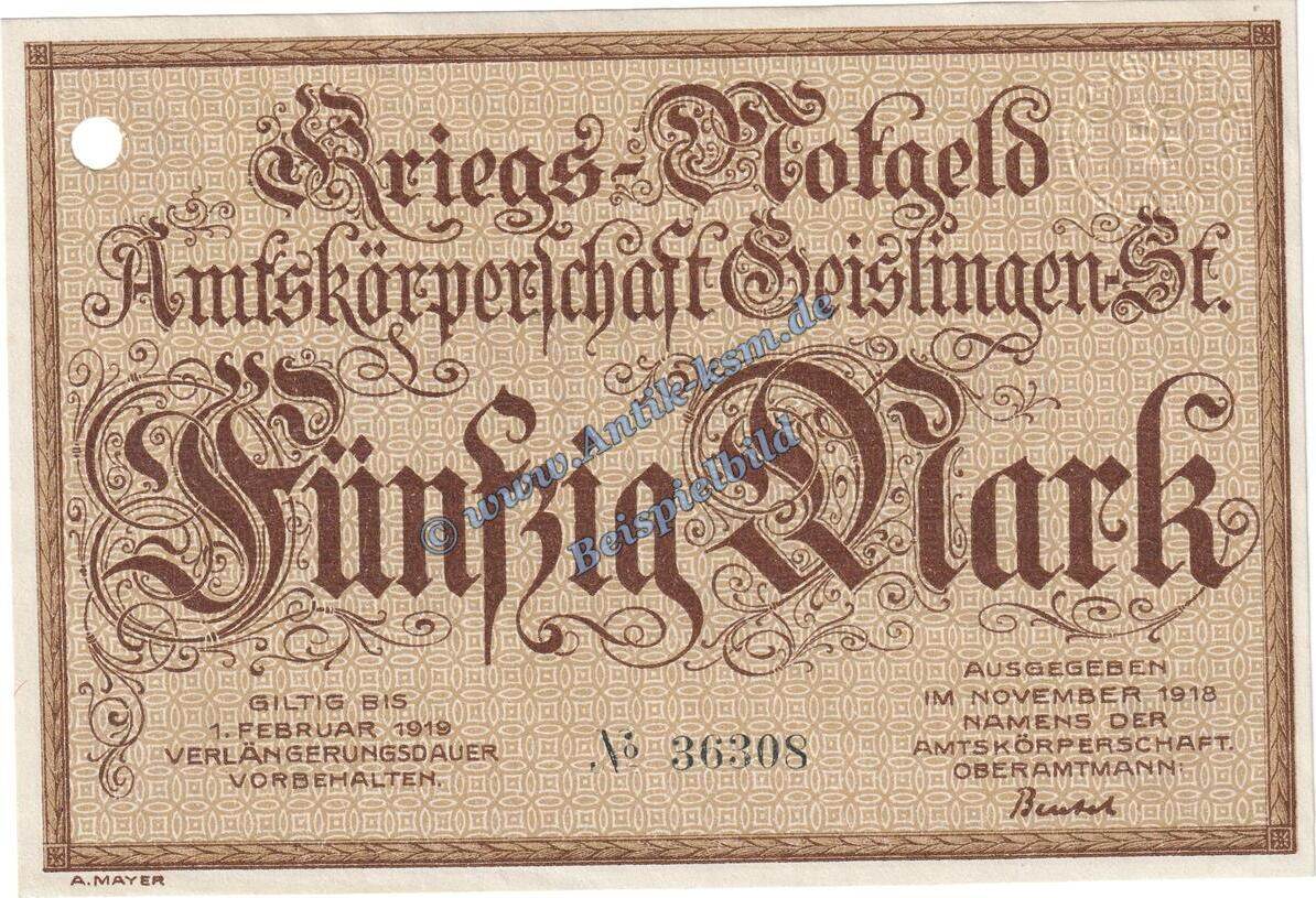 Großnotgeld 50 Mk. Geislingen, Banknote 50 Mark Schein in kfr.E, Geiger ...