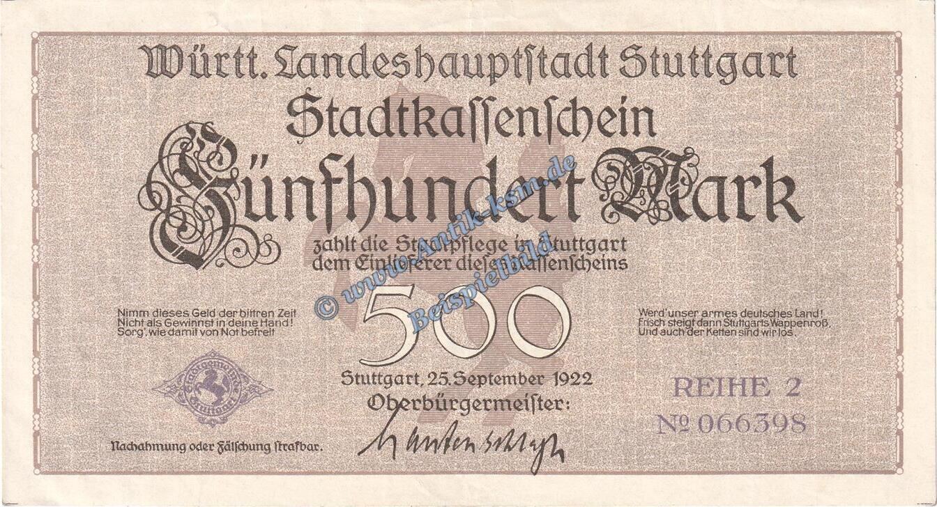 Großnotgeld 500 Mk. -braun- Stuttgart, Banknote 500 Mark Schein -braun ...