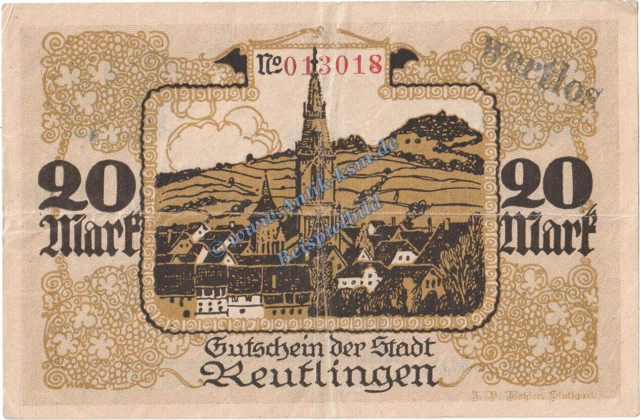 Großnotgeld De. 20 Mk. Reutlingen, Banknote 20 Mark Schein in gbr.E ...