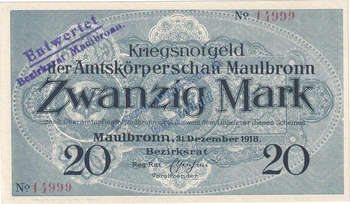 Großnotgeld De. 20 Mk. Maulbronn, Banknote 20 Mark Schein in kfr.E ...