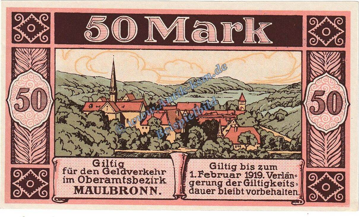 Großnotgeld De. 50 Mk. Maulbronn, Banknote 50 Mark Schein in kfr.E ...