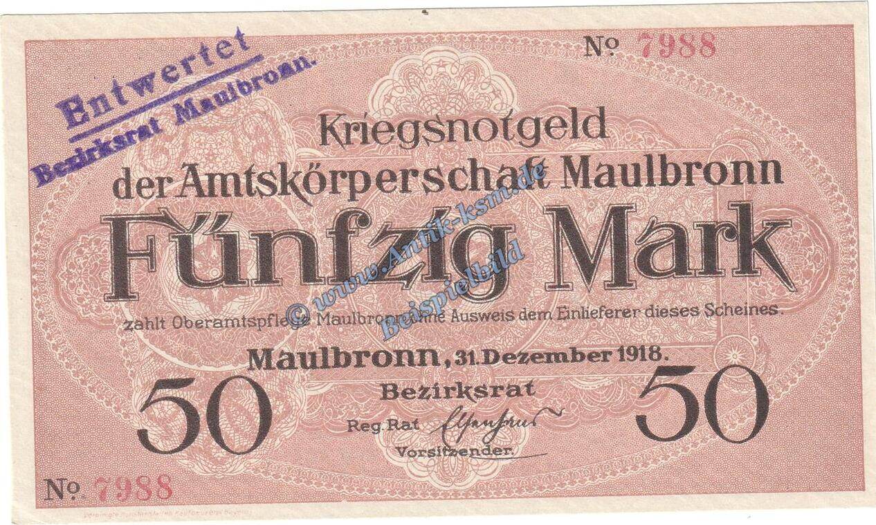 Großnotgeld De. 50 Mk. Maulbronn, Banknote 50 Mark Schein in kfr.E ...