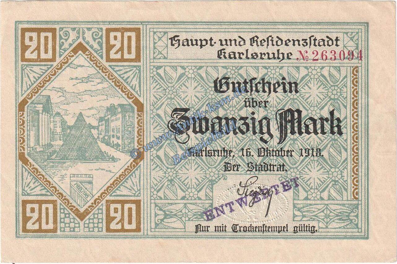 Großnotgeld De. 20 Mk. Karlsruhe, Banknote 20 Mark Schein in kfr.E ...