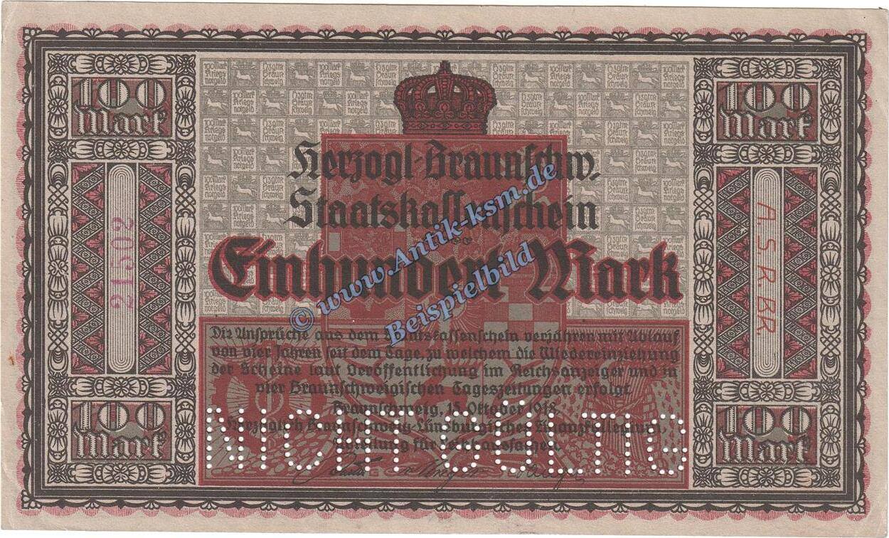 Großnotgeld De. 100 Mk. Braunschweig, Banknote 100 Mark Schein in kfr.E ...