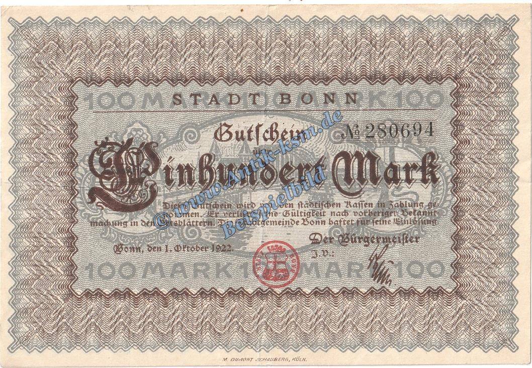 Großnotgeld De. 100 Mk. Bonn, Banknote 100 Mark Schein in L-gbr. Müller ...