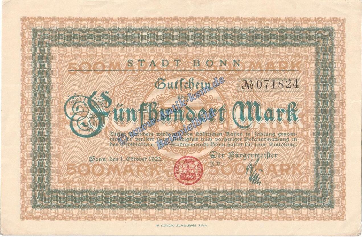 Großnotgeld De. 500 Mk. Bonn, Banknote 500 Mark Schein in kfr. Müller ...