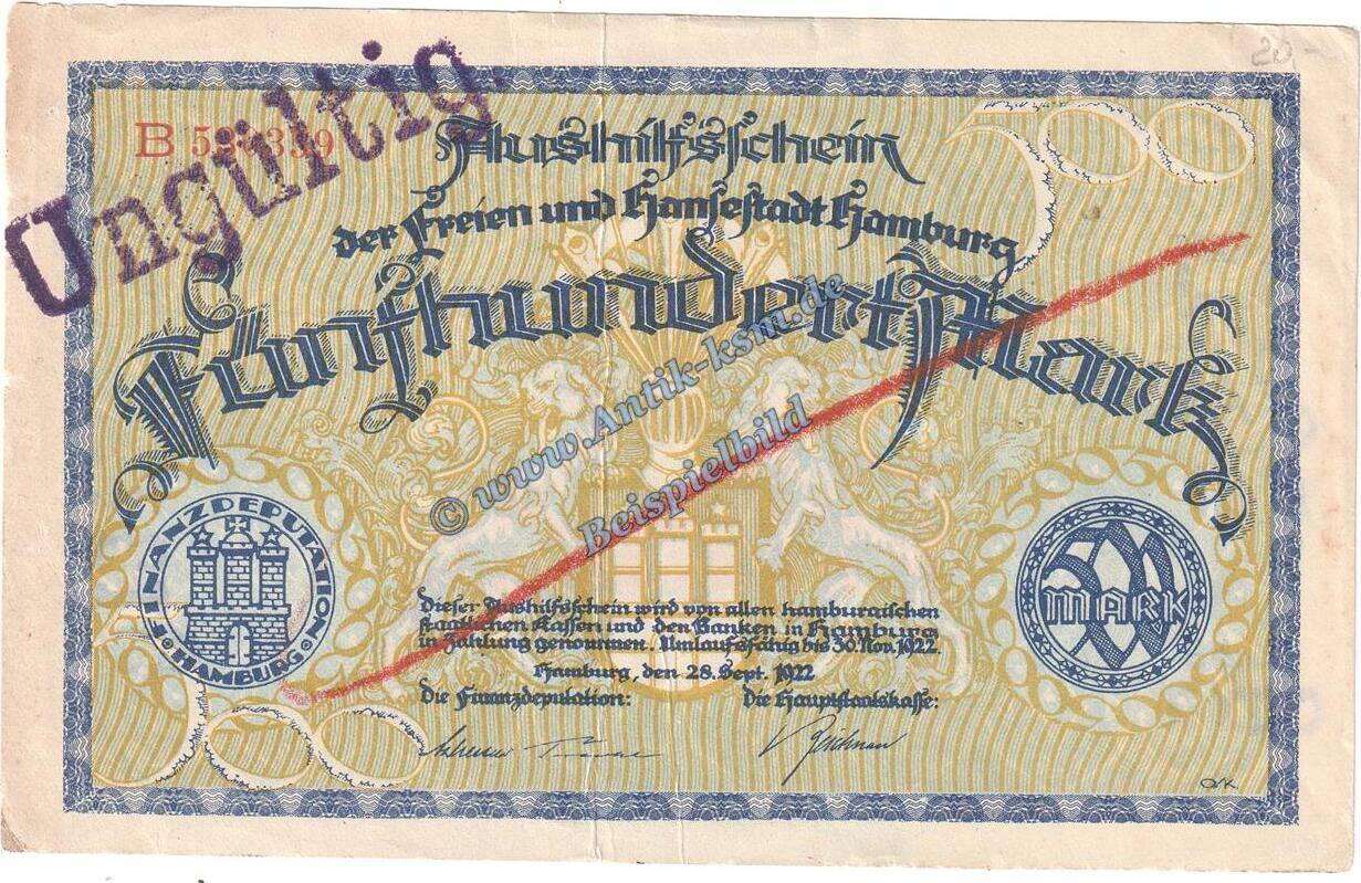 Großnotgeld De. 500 Mk. Hamburg, Banknote 500 Mark Schein in gbr.E ...