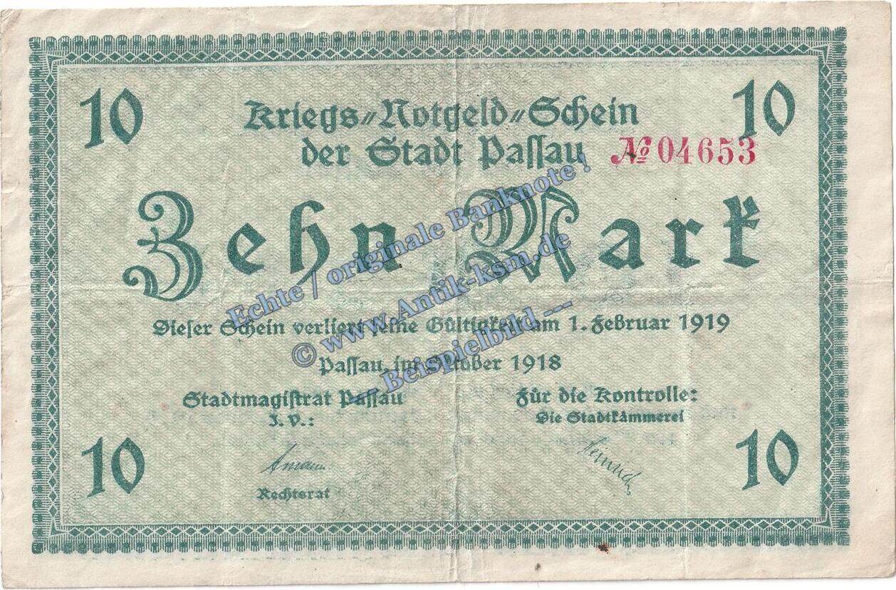 Großnotgeld De. 10 Mk. Passau, Banknote 10 Mark Schein in gbr. Geiger ...
