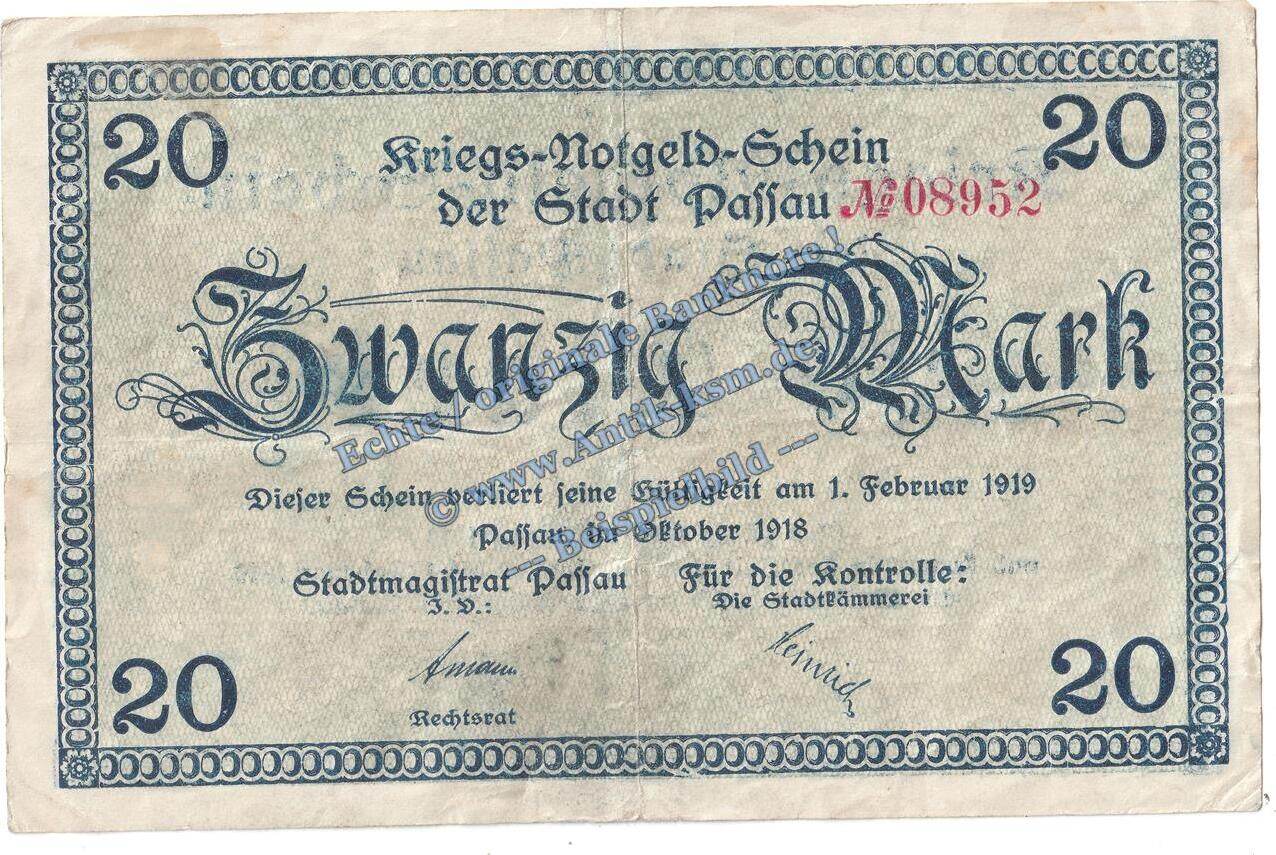 Großnotgeld De. 20 Mk. Passau, Banknote 20 Mark Schein in gbr. Geiger ...