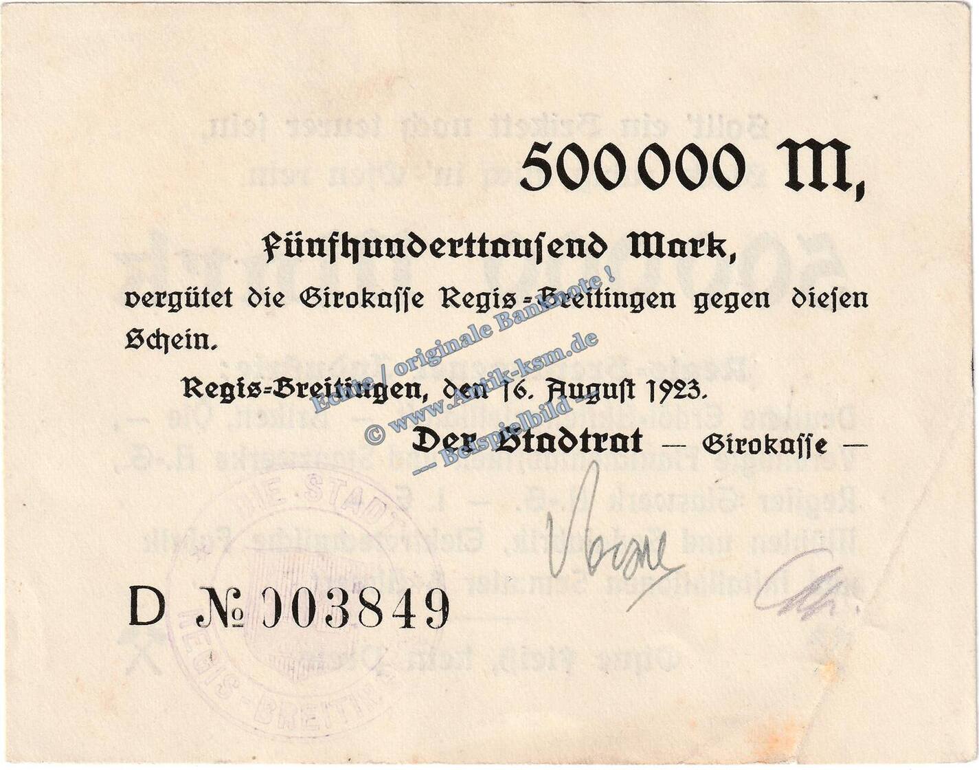 Inflation De 500.000 Mk. 1923 Regis Breitingen, Banknote 500.000 Mark ...