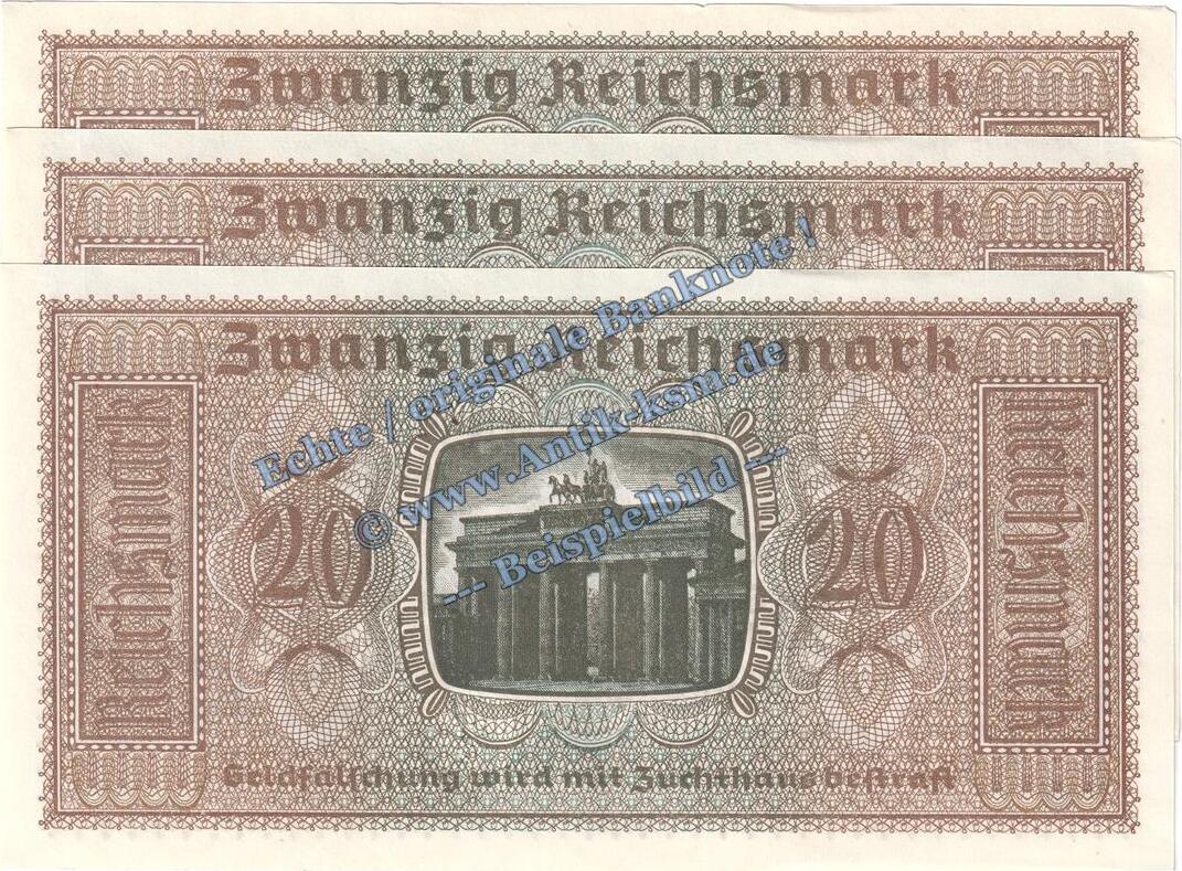 3. Reich - Reichskreditkasse 3 x 20 Mk. -Kn fortl- o.D. Banknote, 20 ...