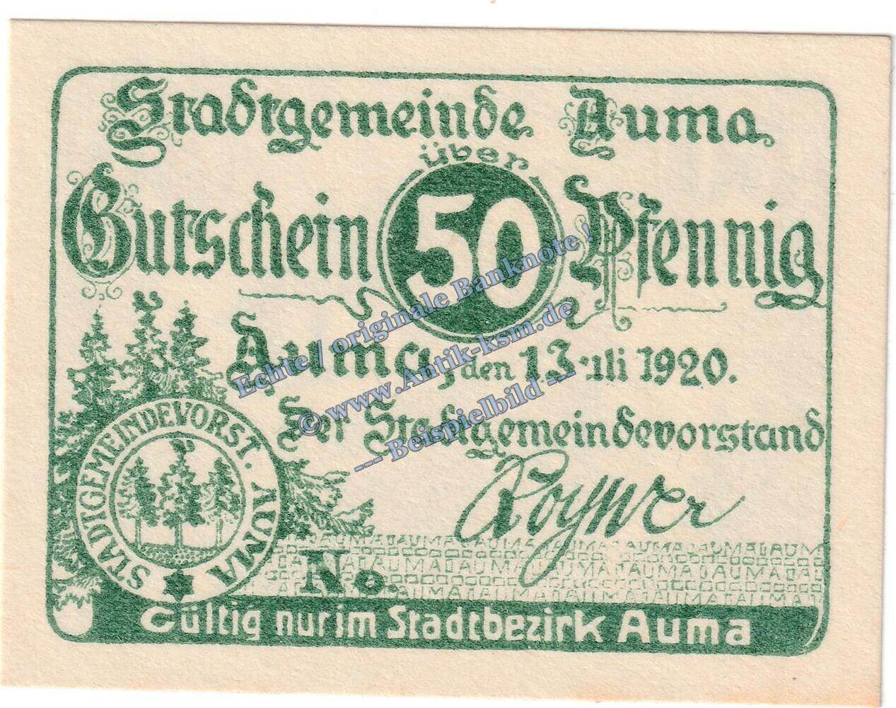 Notgeld De 50 Pf. Auma, Notgeld 50 Pfennig Scheine -Wz- in kfr. Tieste ...
