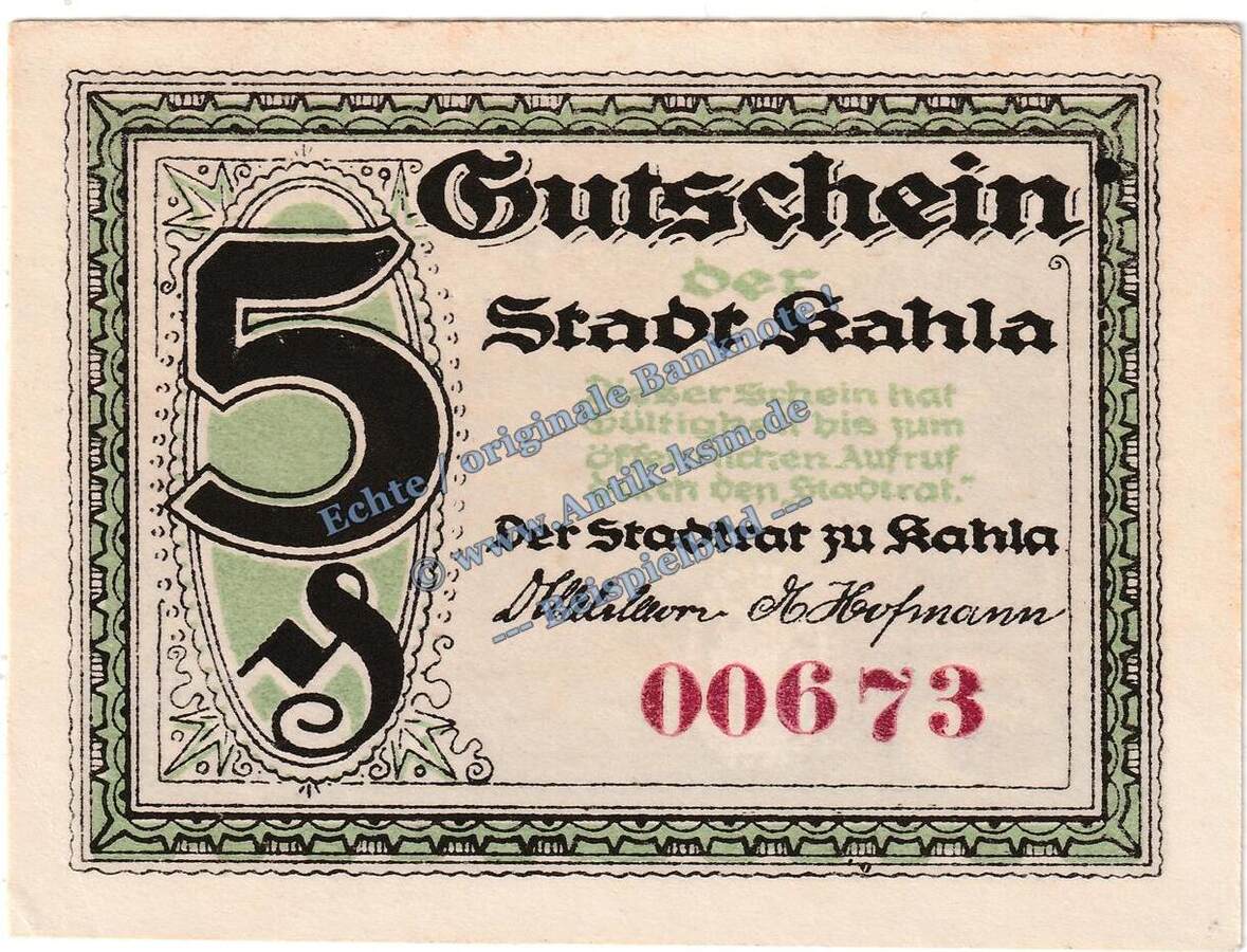 Notgeld De 5 Pf. Kahla, Notgeld 5 Pfennig Schein in kfr. Tieste 3325.05.40, Thüringen von 1921 1 ...