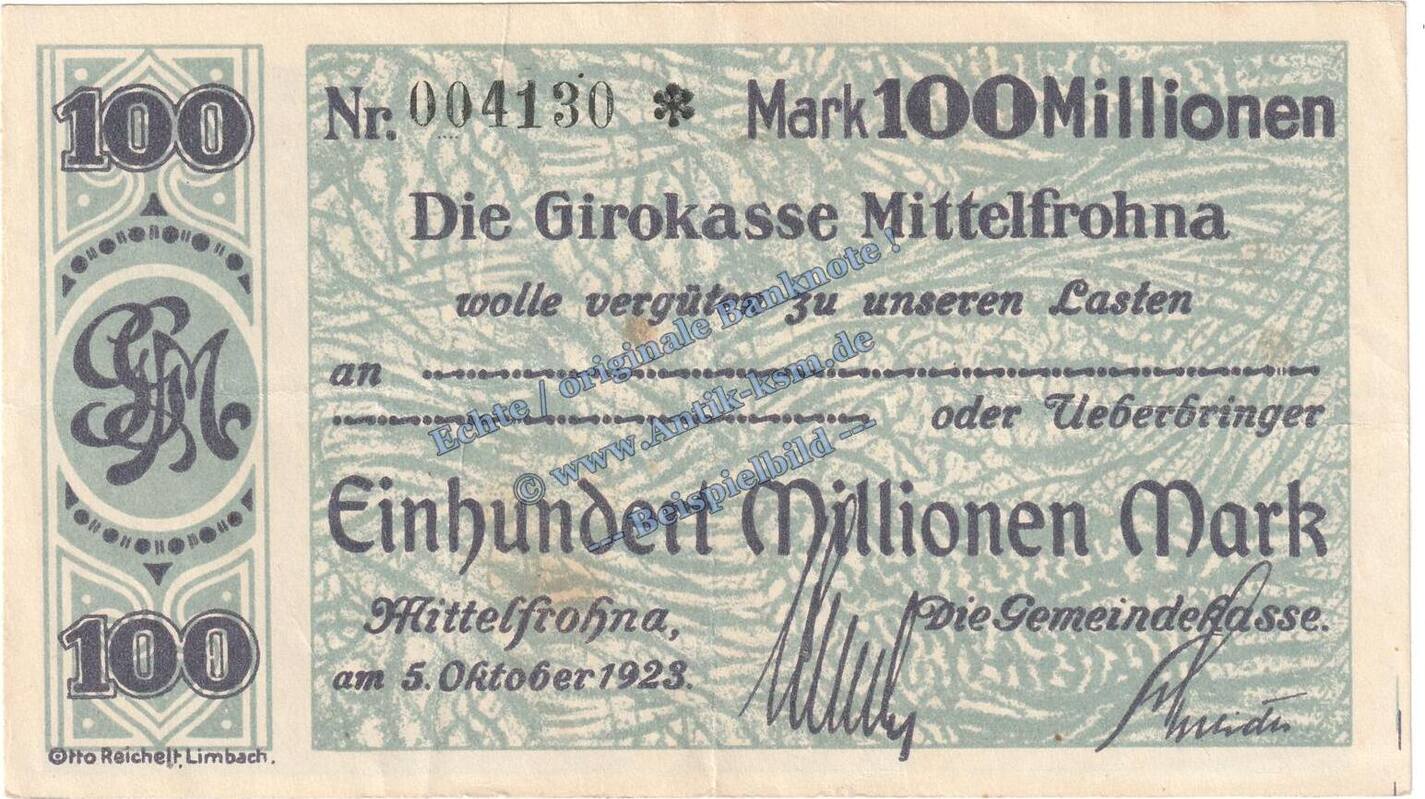 Inflation De 100 Mio. Mk. Mittelfrohna, Banknote 100 Millionen Mark ...