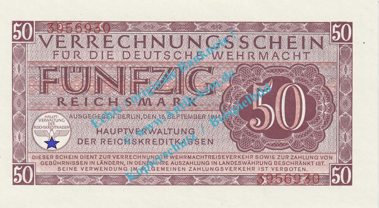 3. Reich - Wehrmacht 50 Mk. Banknote, 50 Mark Schein in kfr. DWM-11, Ros.514, M.41, deutsche ...