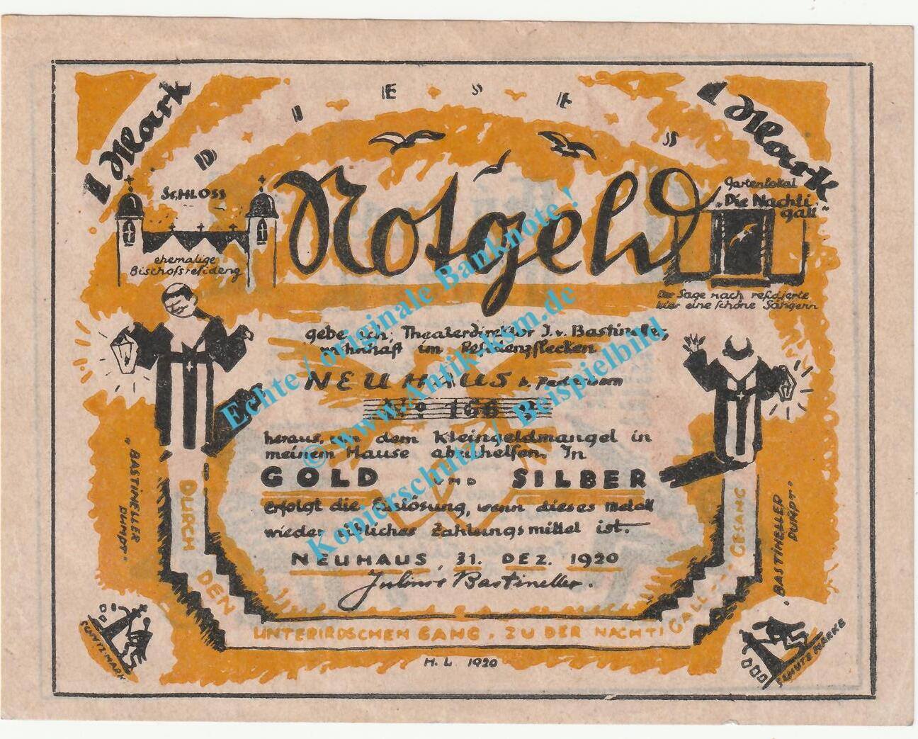 Serienscheine DE 1 Mk. -Papier grau- Neuhaus, Notgeld 1 Mark -Vers ...