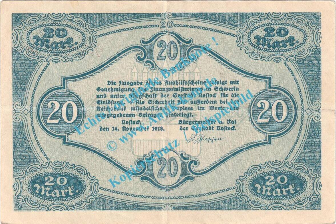 Großnotgeld 1918 20 Mk. Rostock, Banknote 20 Mark Schein in gbr. Geiger ...