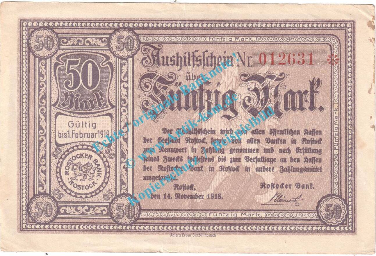Großnotgeld 1918 50 Mk. Rostock, Banknote 50 Mark Schein in gbr. Geiger ...