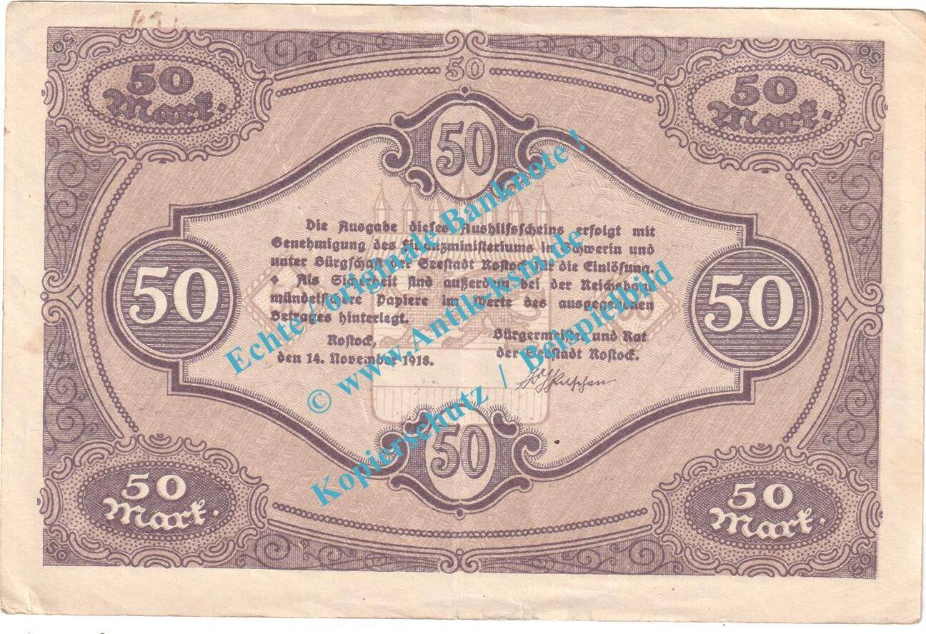 Großnotgeld 1918 50 Mk. Rostock, Banknote 50 Mark Schein in gbr. Geiger ...