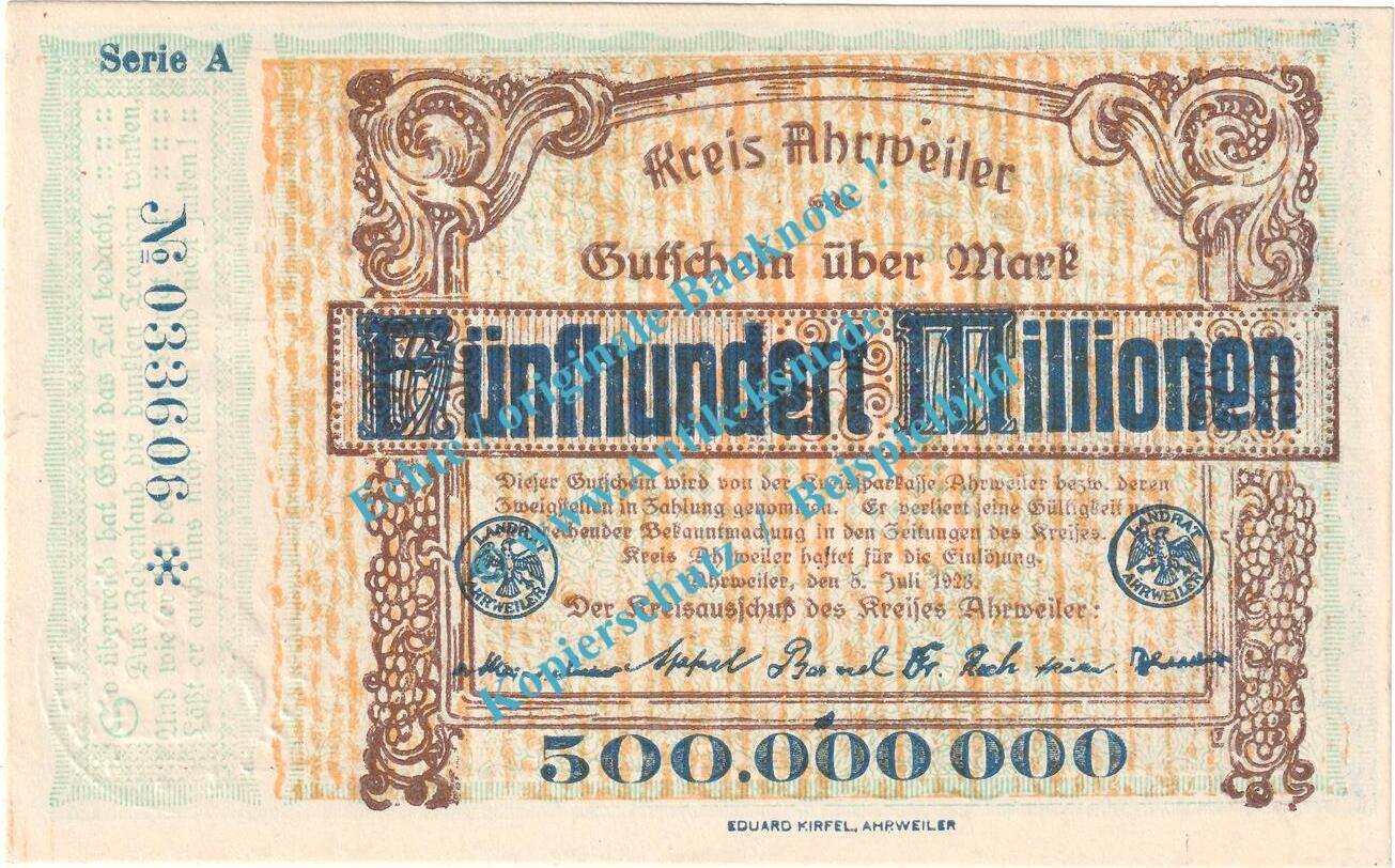 Großnotgeld Inflation 500 Mio. Mk. Ahrweiler, Notgeld 500 Millionen ...