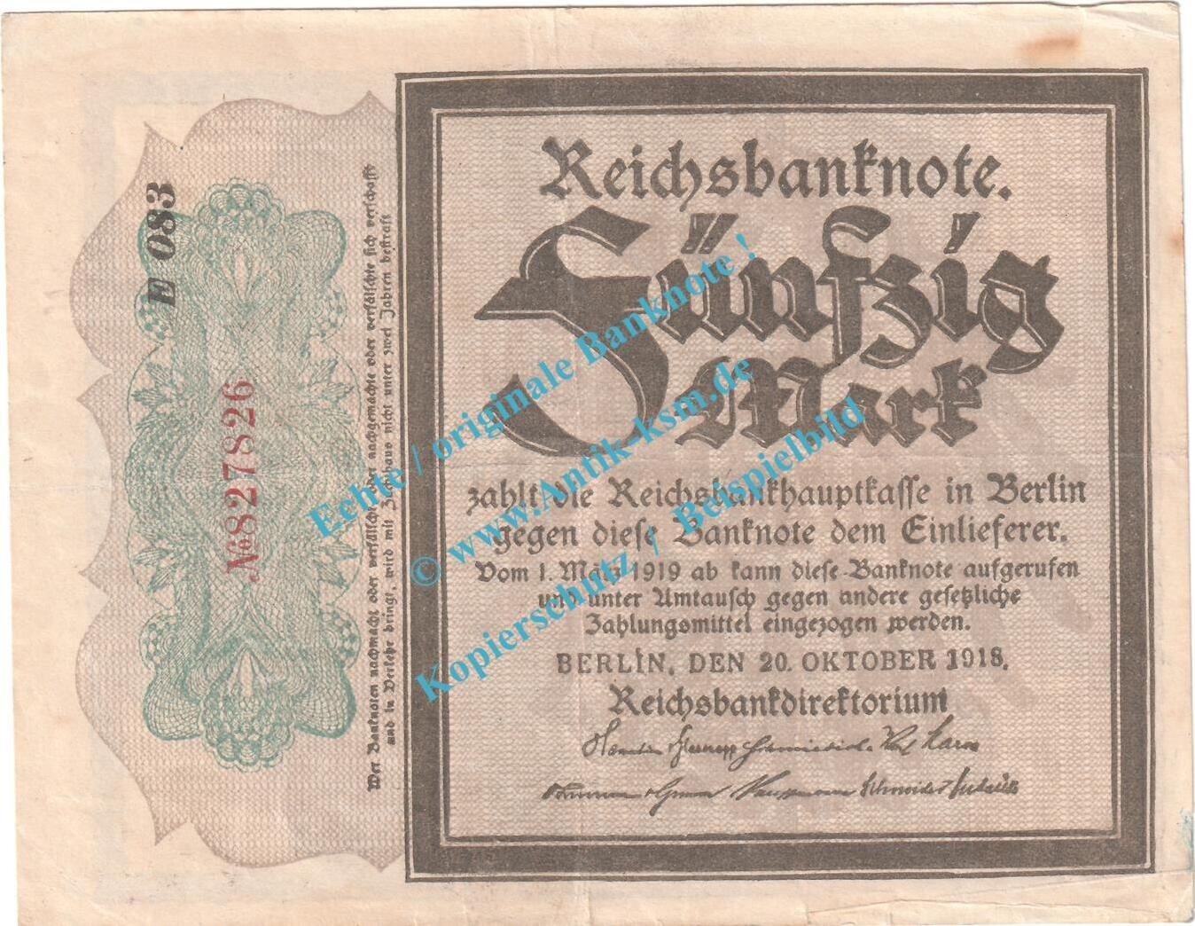 deutsches Kaiserreich 50 Mk. Banknote, 50 Mark Schein in gbr. DEU-44.c ...