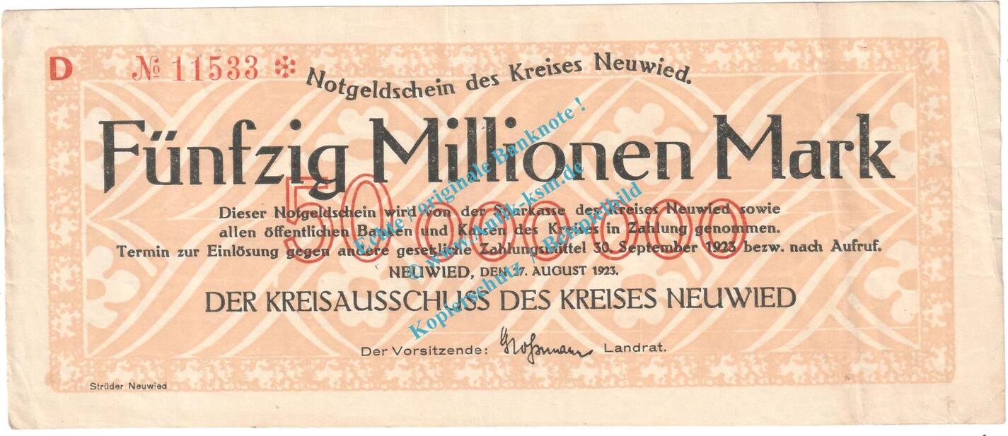 Inflation DE 50 Mio. Mk. Neuwied, Notgeld 50 Millionen Mark Schein in ...