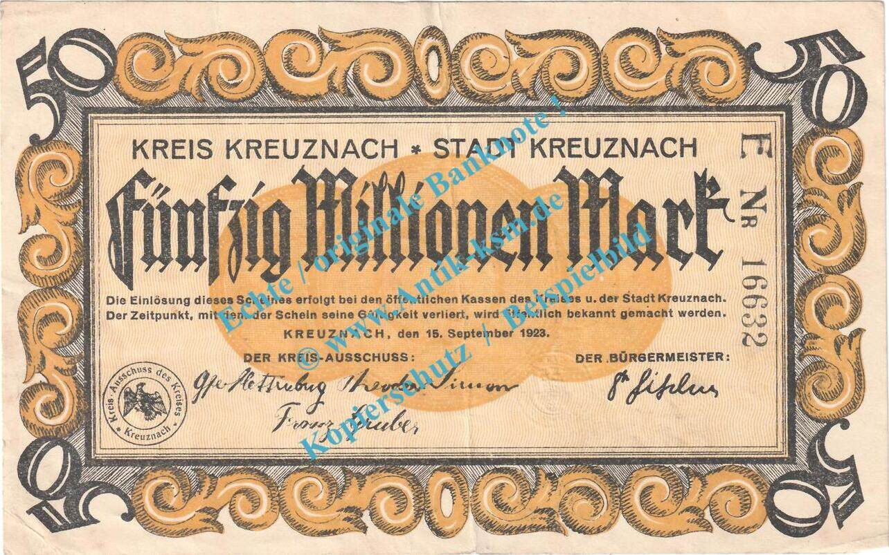 Inflation DE 50 Mio. Mk. 1923 Kreuznach, Notgeld 50 Millionen Mark ...