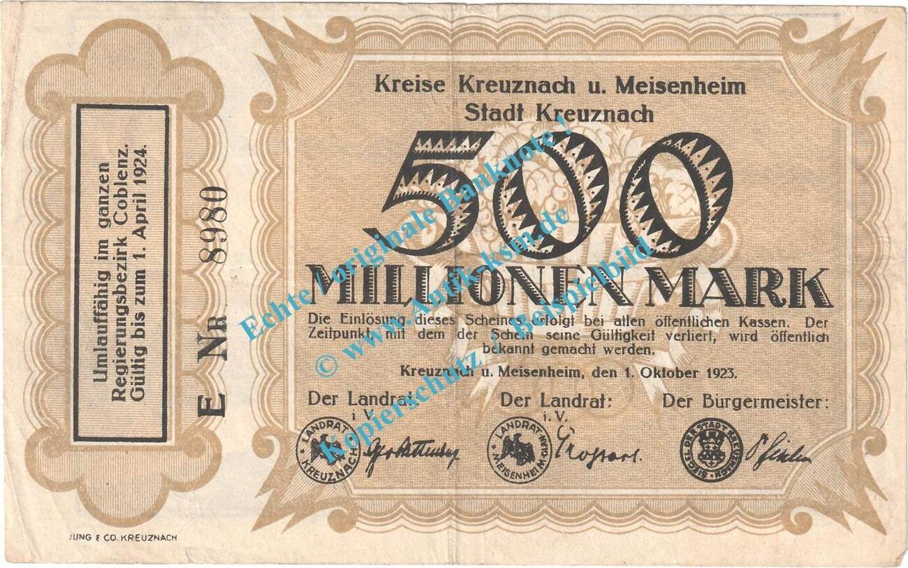 Inflation DE 500 Mio. Mk. 1923 Kreuznach, Notgeld 500 Millionen Mark ...