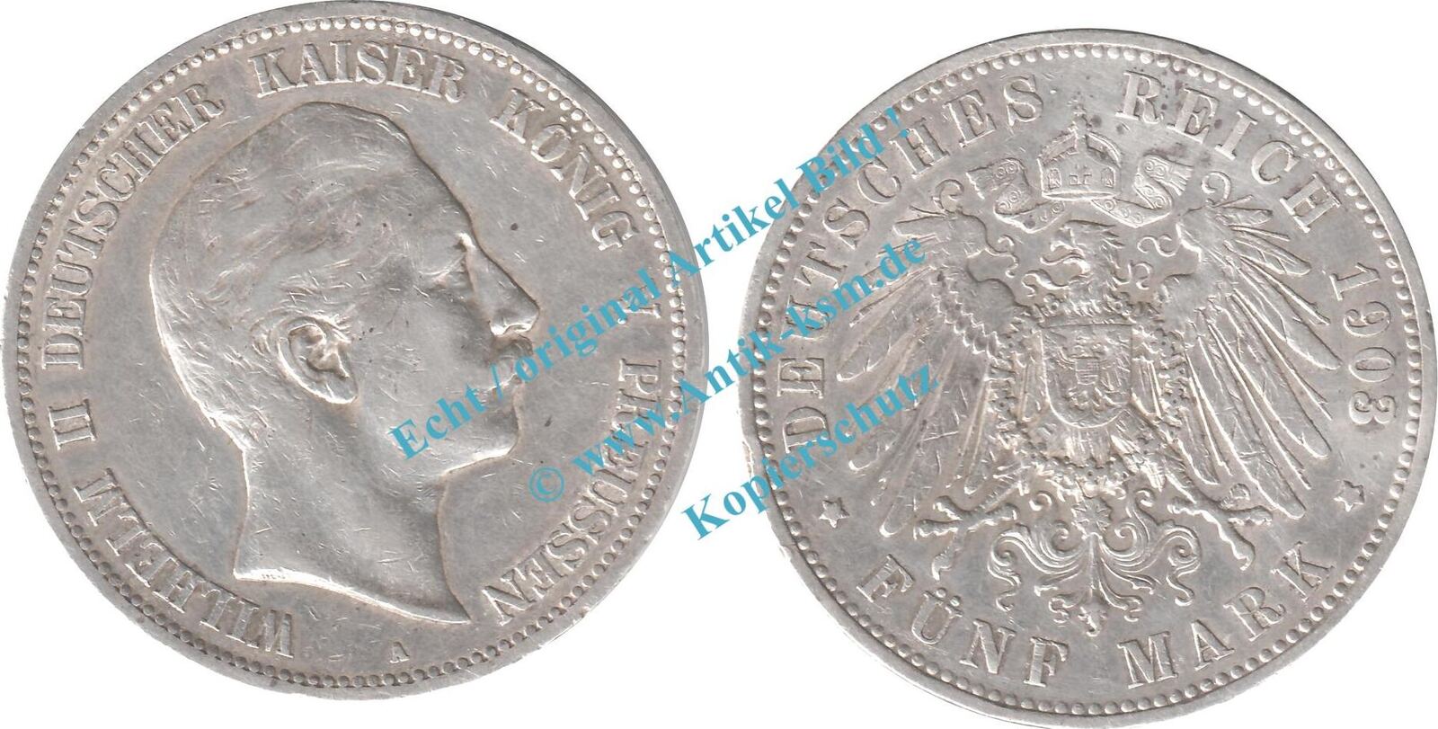 Kaiserreich DE 5 Mk. -Wilhelm II- Silbermünze deutsches Reich, 5 Mark Stück von 1903 A -Wilhelm ...