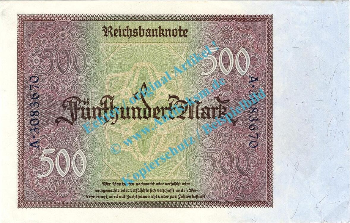 Inflation 1923 DE 500 Mk. Banknote, 500 Mark Schein in kfr. DEU-80, Ros ...