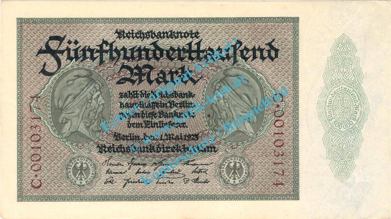 Weimarer Republik - Inflation 500.000 Mk. Banknote, 500.000 Mark Schein ...