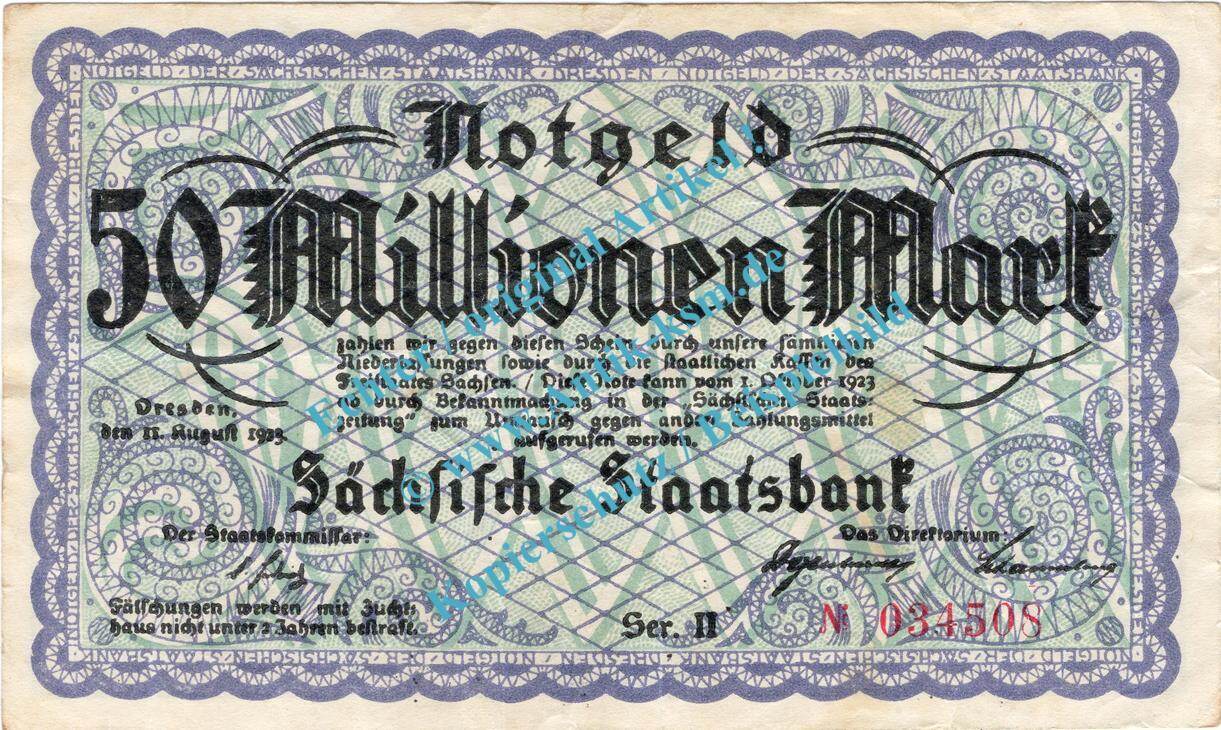 Inflation DE 50 Mio. Mk. Dresden, Notgeld 50 Millionen Mark Schein in ...