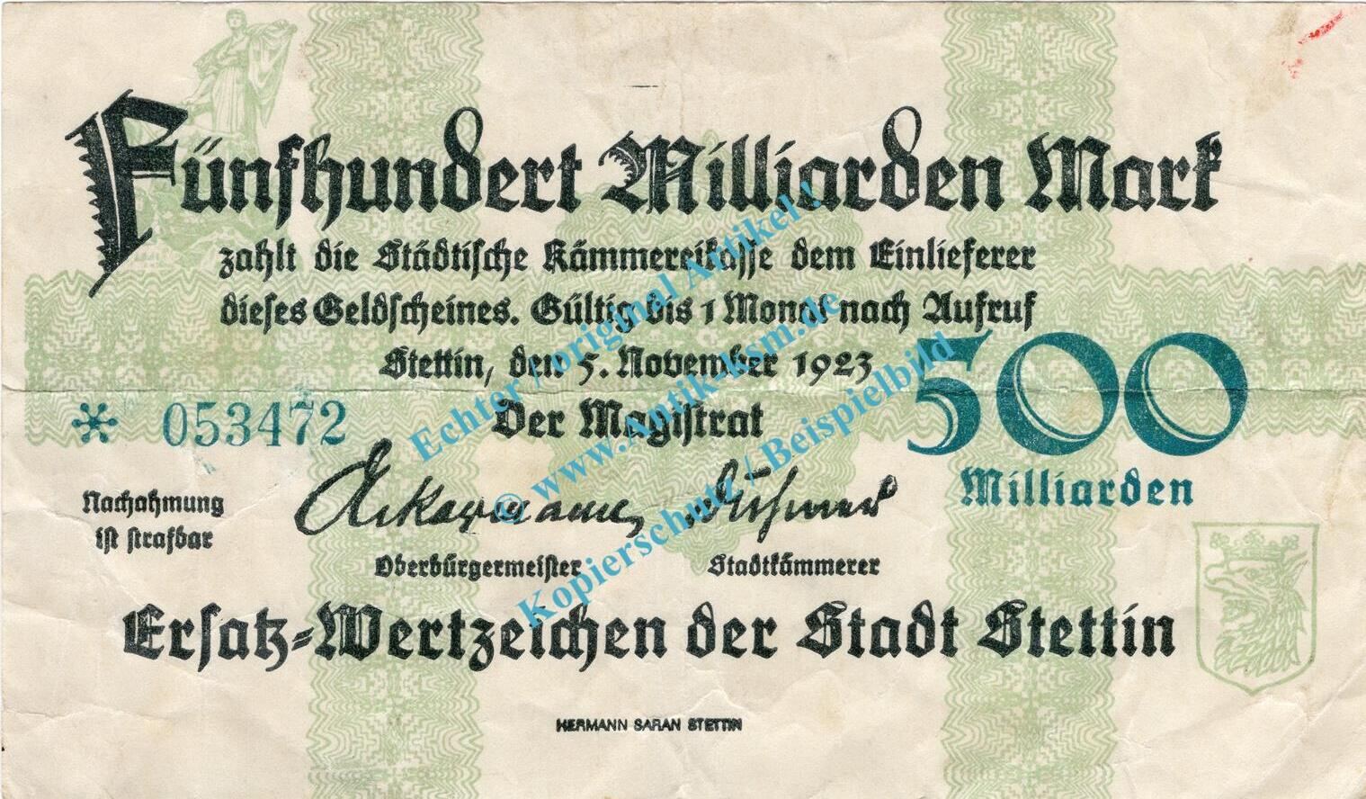 Inflation DE 500 Mia. Mk. Stettin, Notgeld 500 Milliarden Mark Schein ...