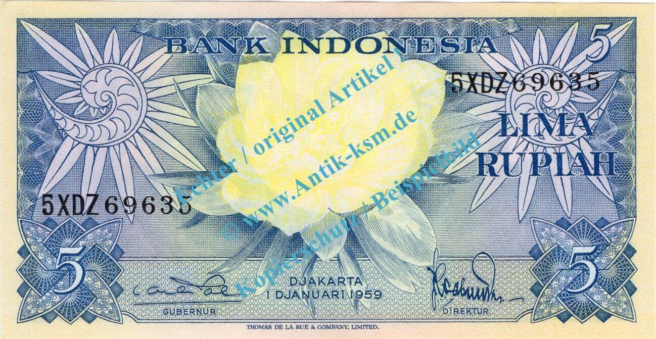 Banknote Indonesien - Indonesia, 5 Rupiah Schein -Blume- von 1959 in ...