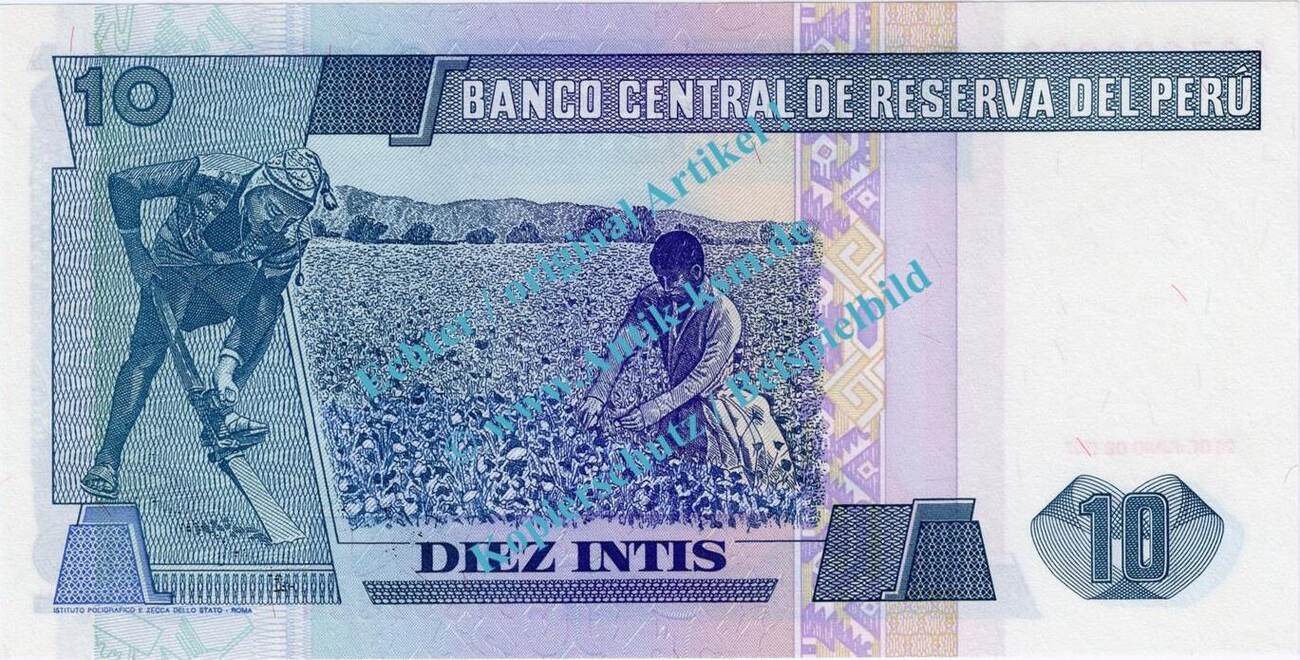 Banknote Peru, 10 Intis Schein -Ricardo Palma- von 1987 in unc - kfr 1 ...