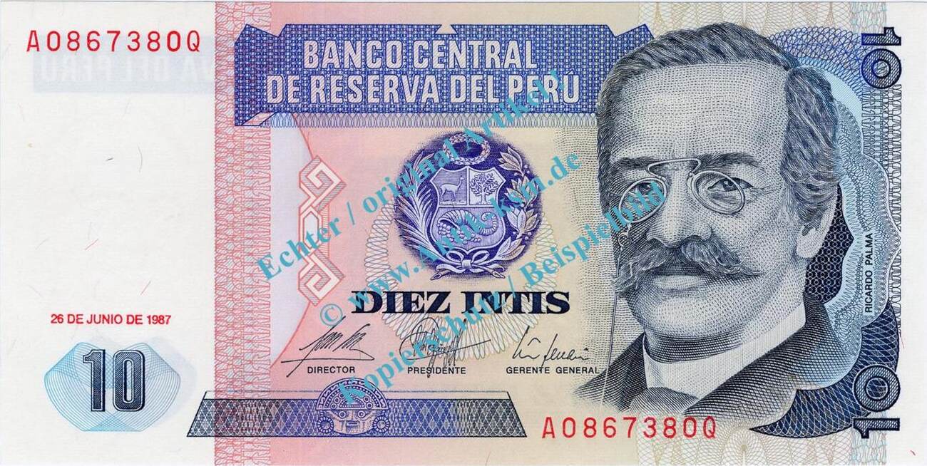 Banknote Peru, 10 Intis Schein -Ricardo Palma- von 1987 in unc - kfr 1 ...