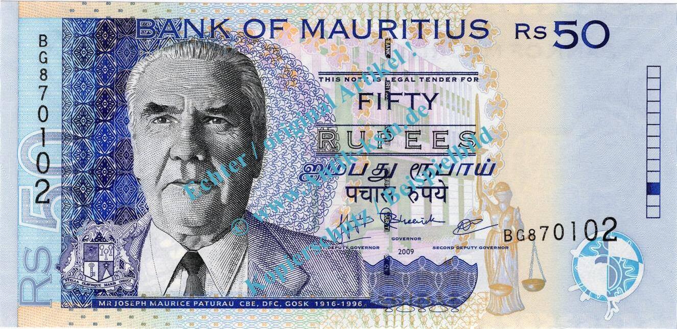 Banknote Mauritius, 50 Rupien Schein -J.M. Paturau- ND 1998 in unc ...