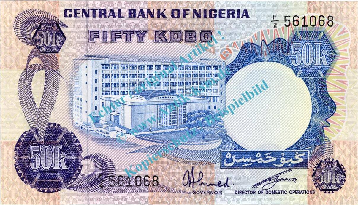 Banknote Nigeria, 50 Kobo Schein -Bankgebäude- ND 1973-78 in unc - kfr ...