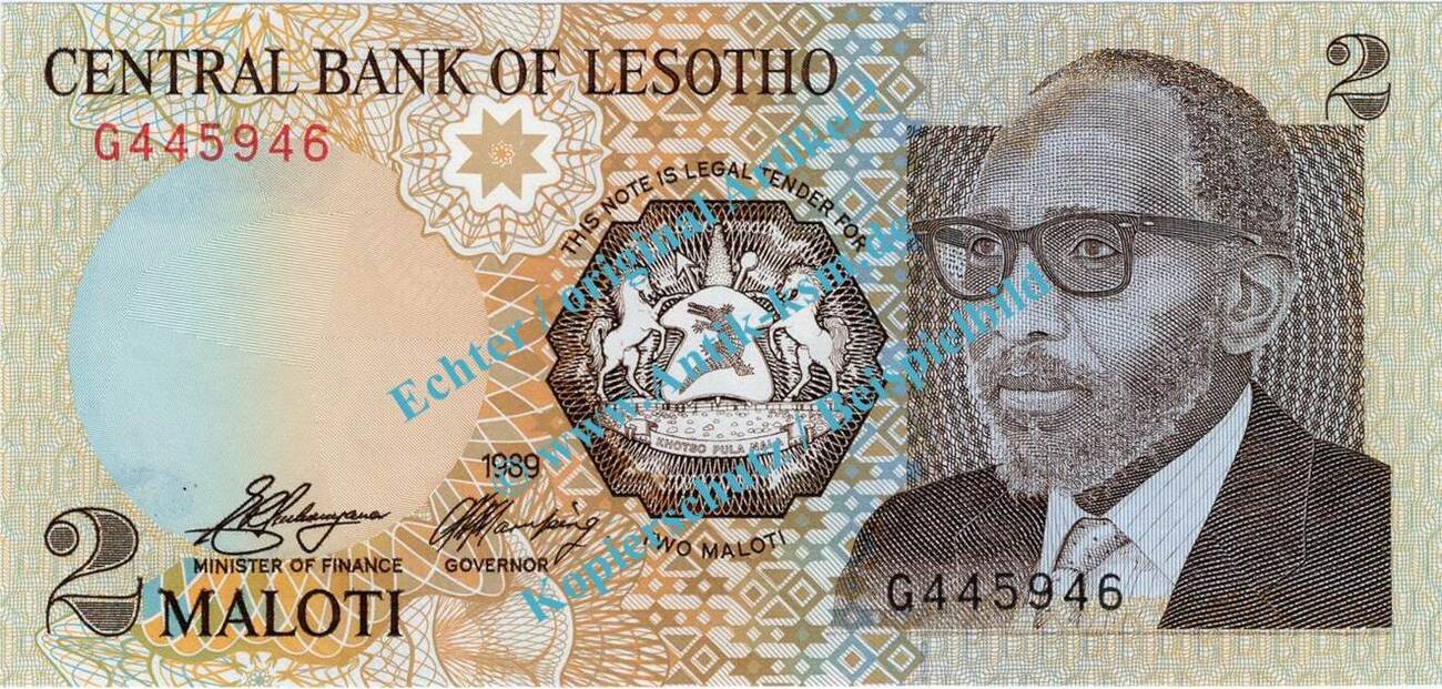 Barbados Banknote Lesotho, 2 Maloti Schein -Moshoeshoe II- von 1989 in ...