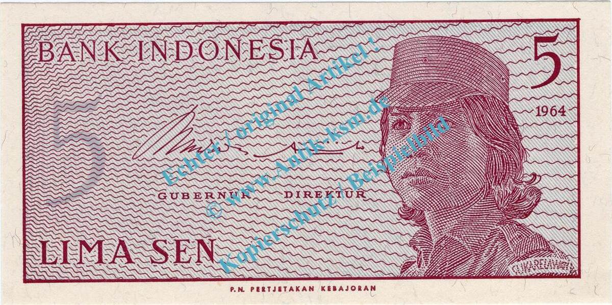 Banknote Indonesien - Indonesia, 5 Sen Schein von 1964 in unc - kfr 1 ...