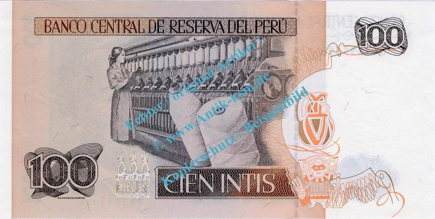 Banknote Peru, 100 Intis Schein -Ramon Castilla- von 1987 in unc - kfr ...