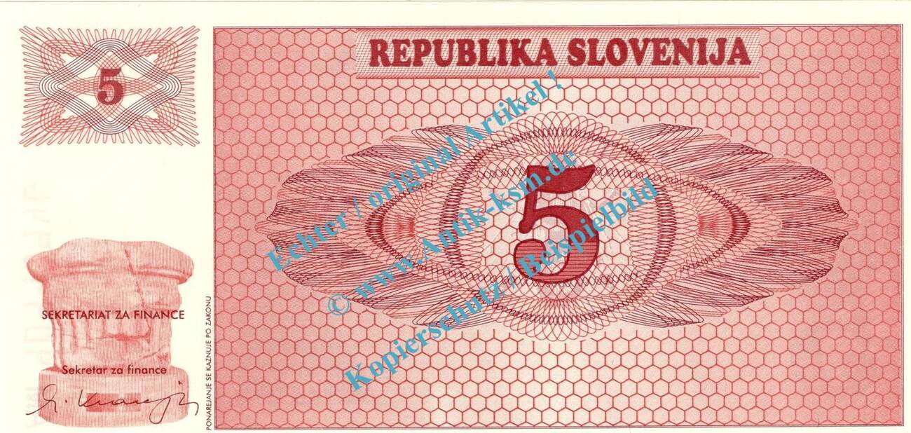 Banknote Slowenien - Slovenia, 5 Tolarjev Schein von 1990 in unc - kfr 1 bis 1- | MA-Shops